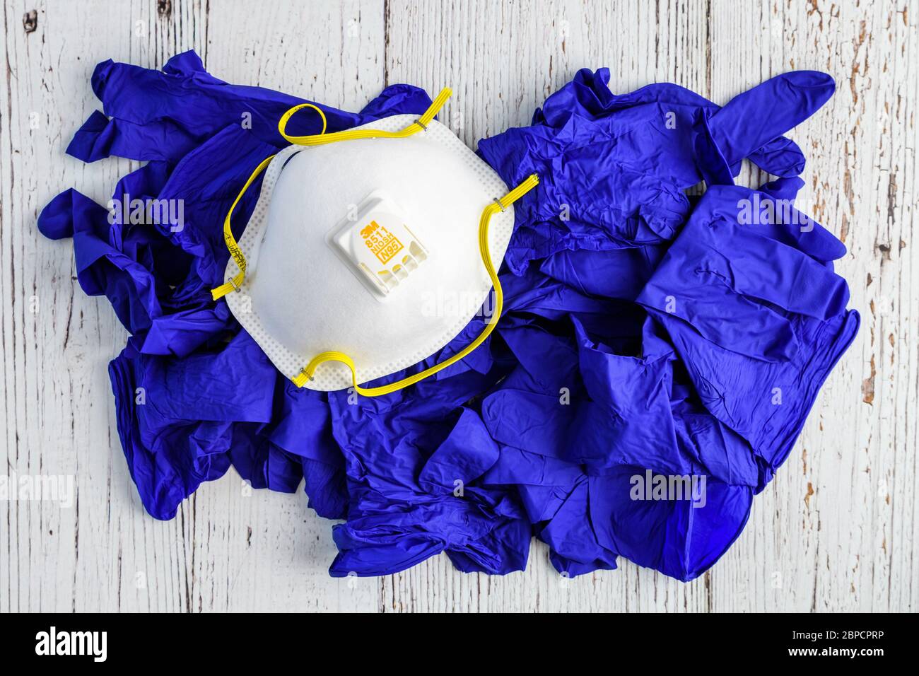 BELLEVUE, WA/USA – APRIL 30, 2020: PPE on a rustic white background, 3M ...