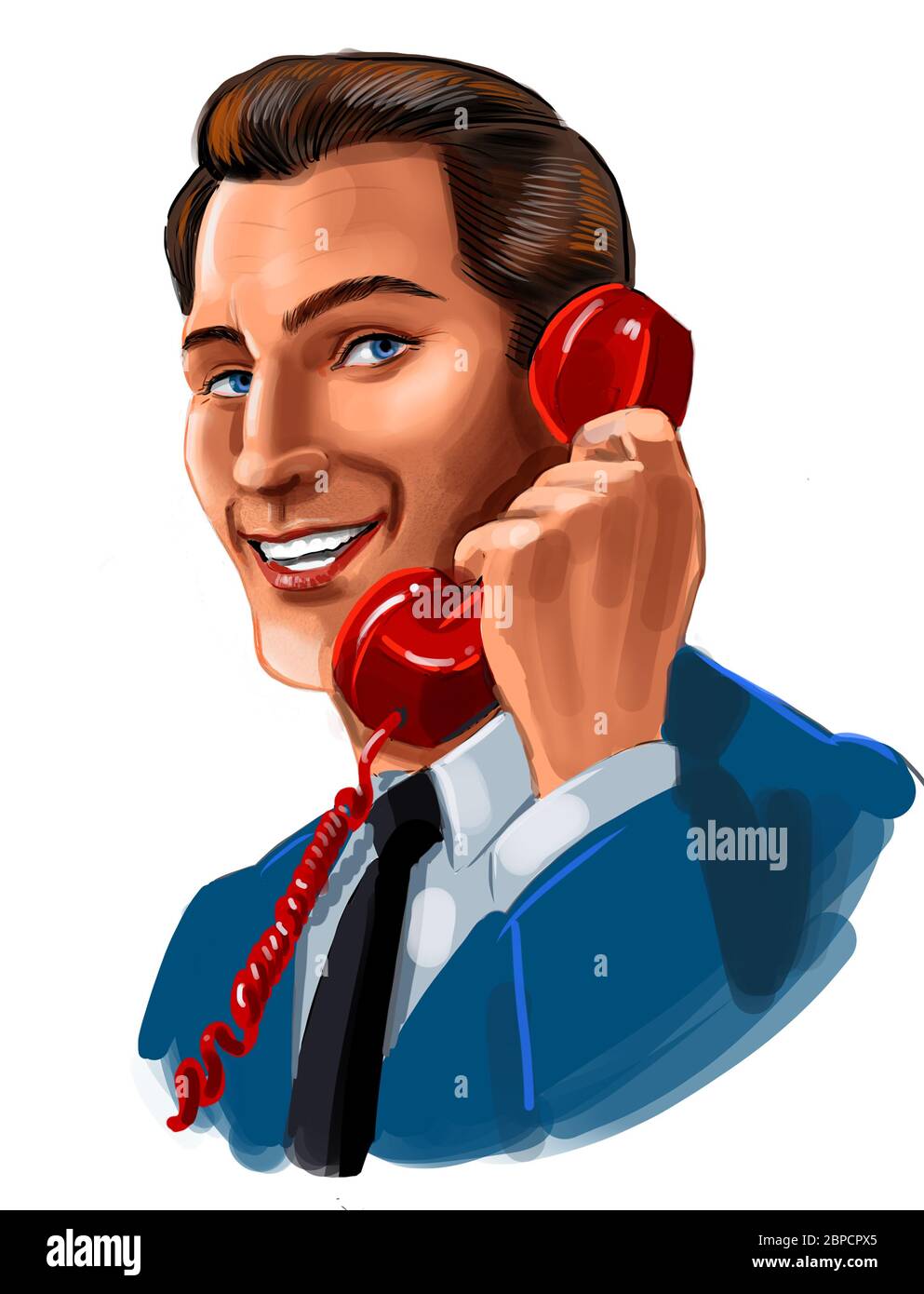 Happy smiling man speaking over retro red telephone. digital ...