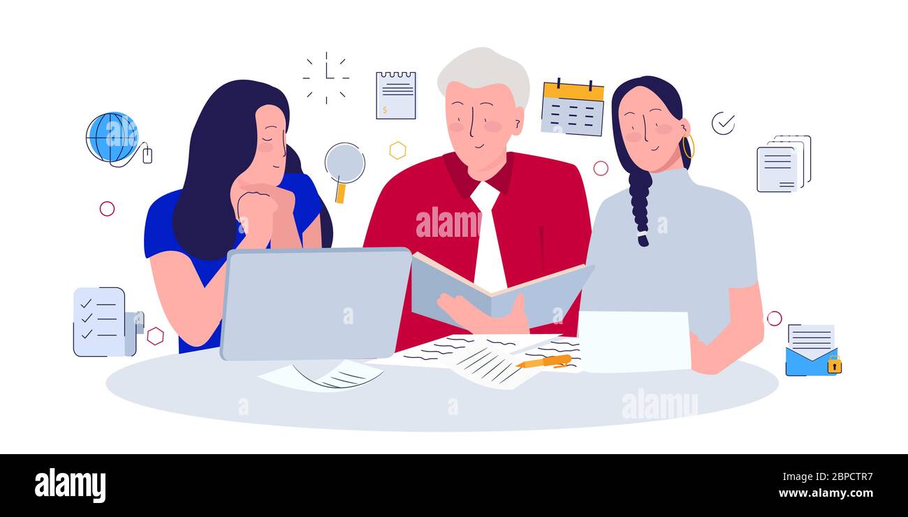 Manager evaluating data shown by his female staff. modern flat cartoon ...