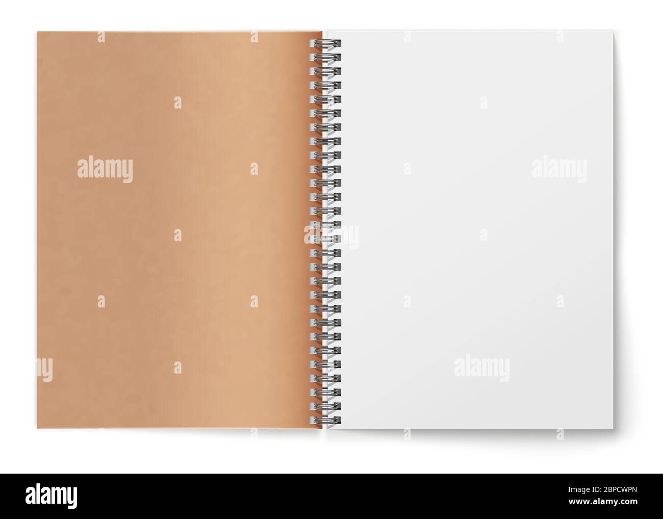 Realistic horizontal open realistic spiral notepad mockup. Brown ...