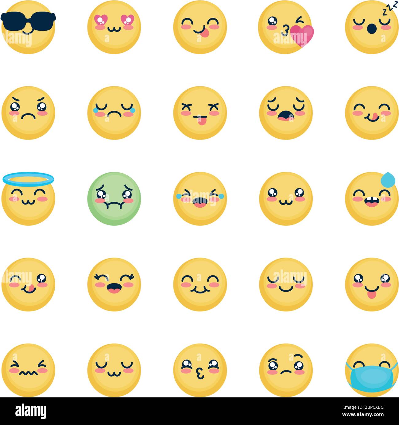 cool emoji and emoji faces icon set over white background, flat style ...