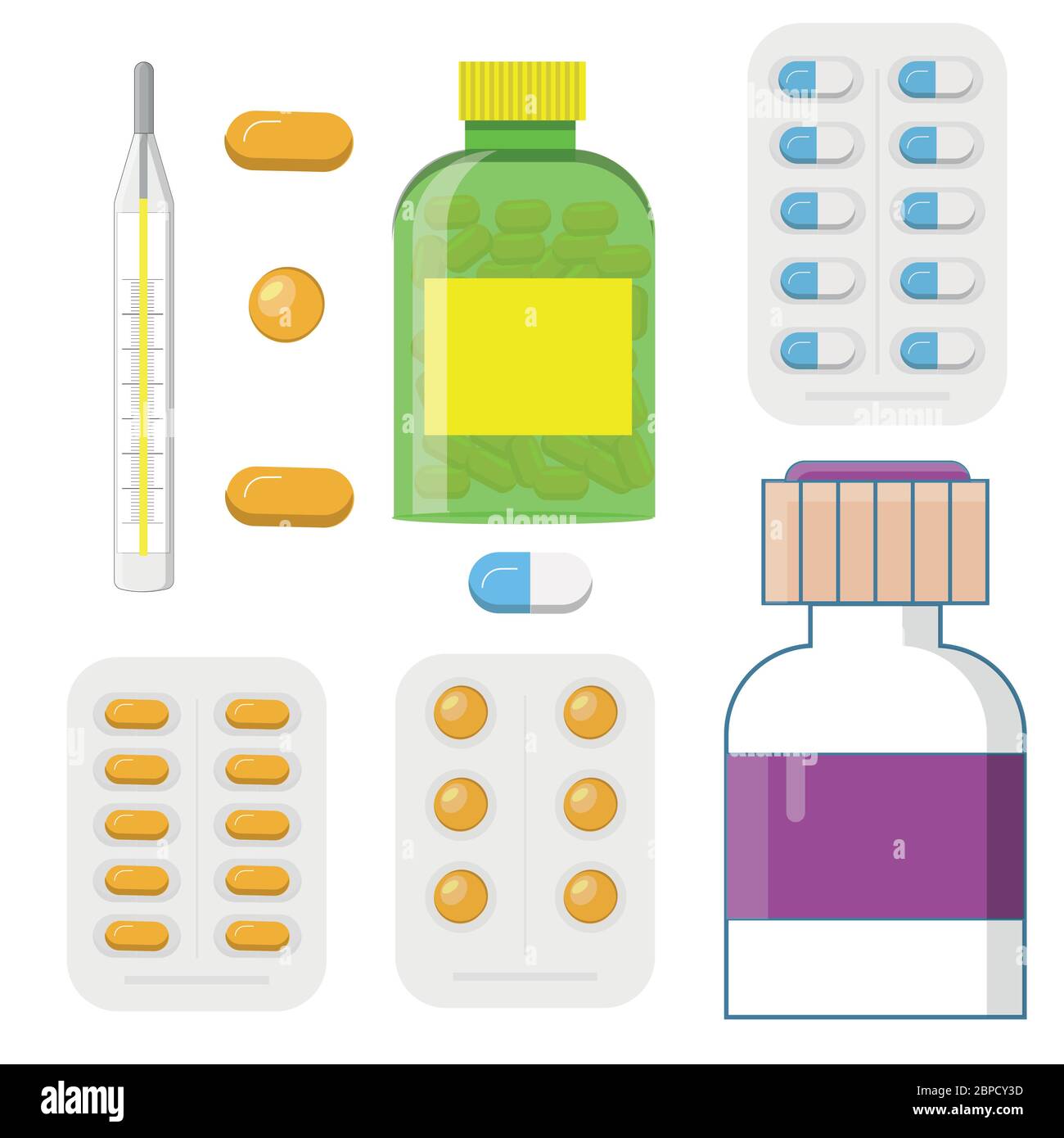 Set of medicine bottles with labels and pills. drugs, tablets,capsules ...