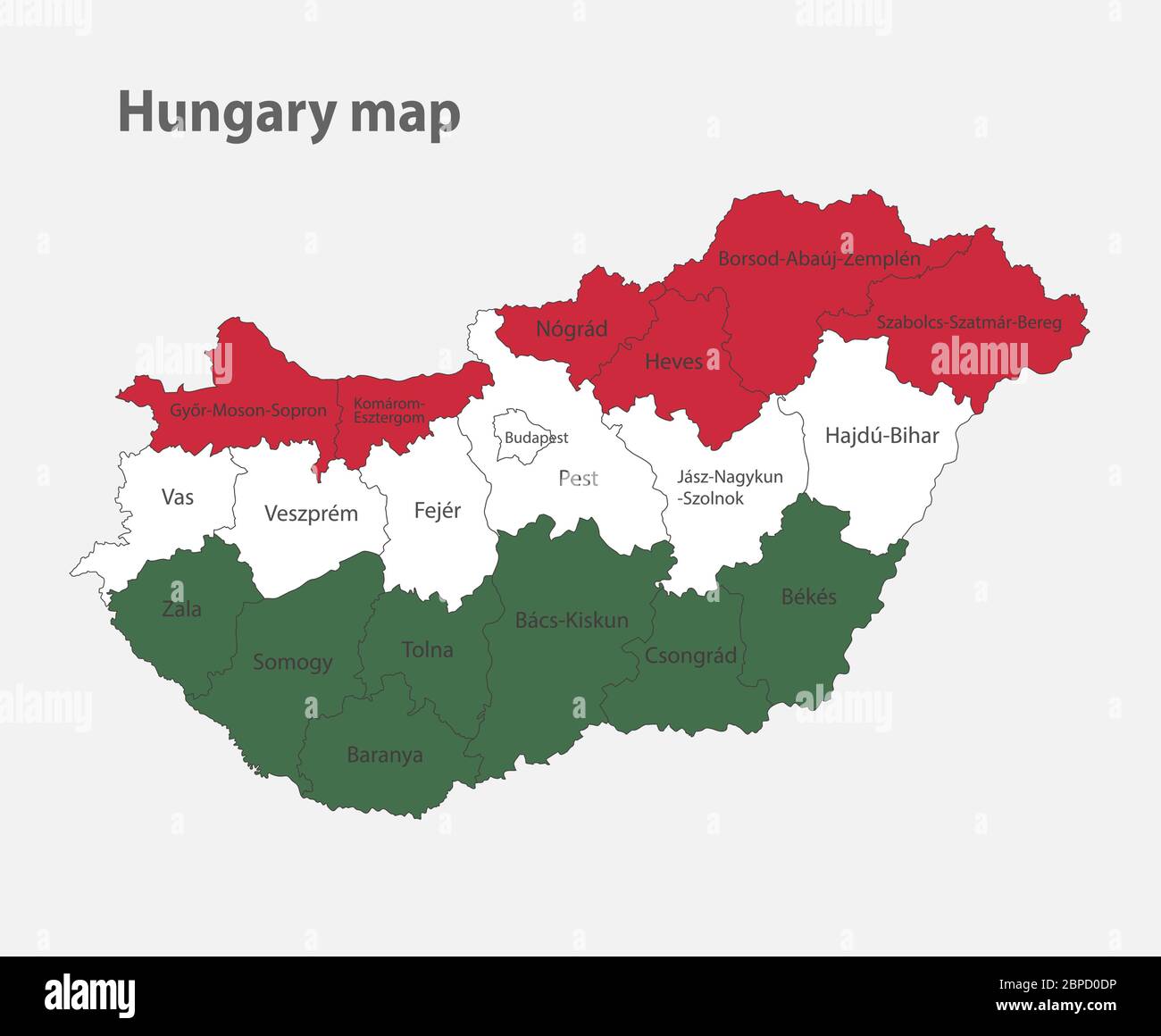 Map of the Hungary in the colors of the flag with administrative ...