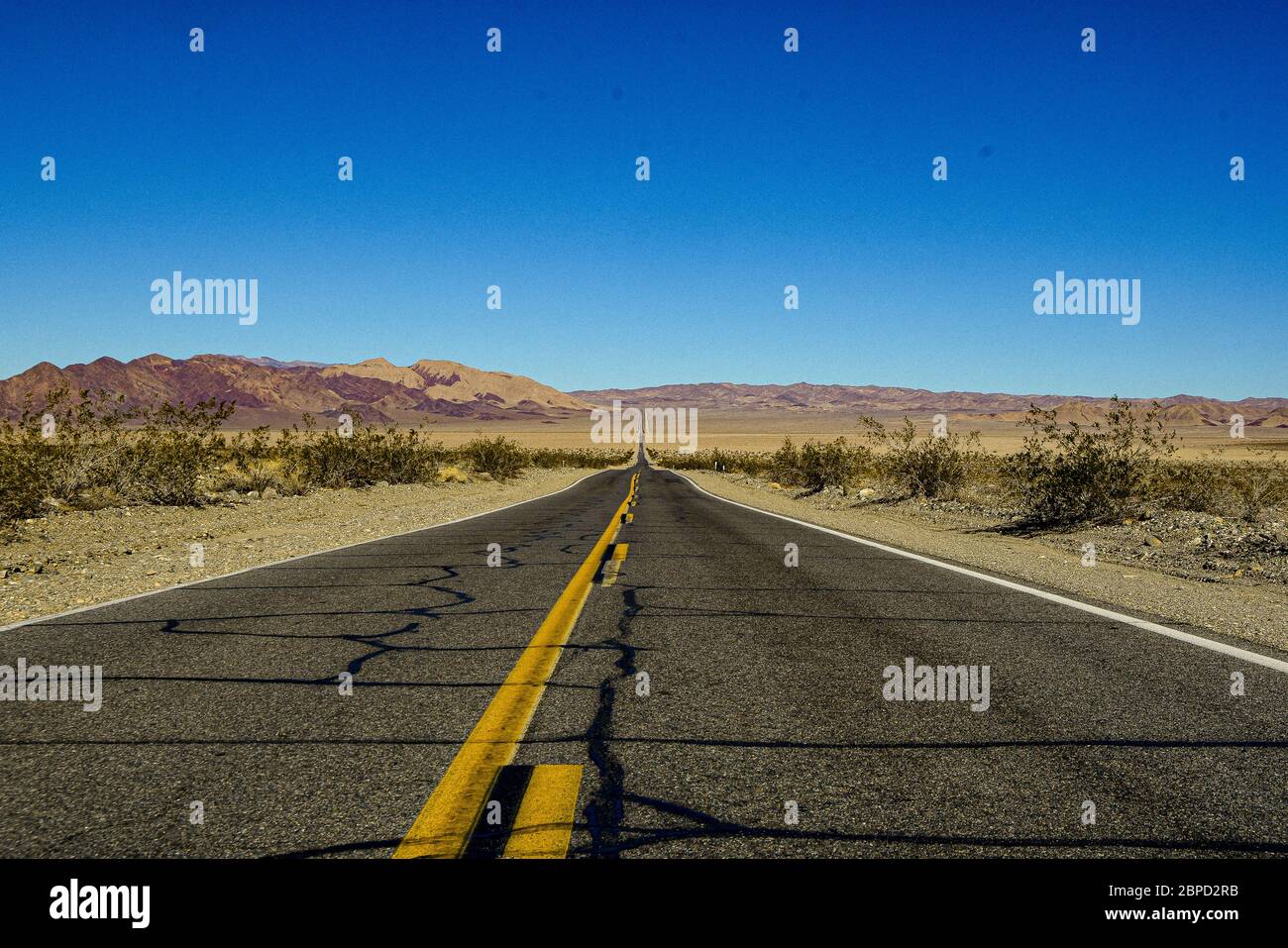 Two lane road straight through desert terrain Stock Photo - Alamy