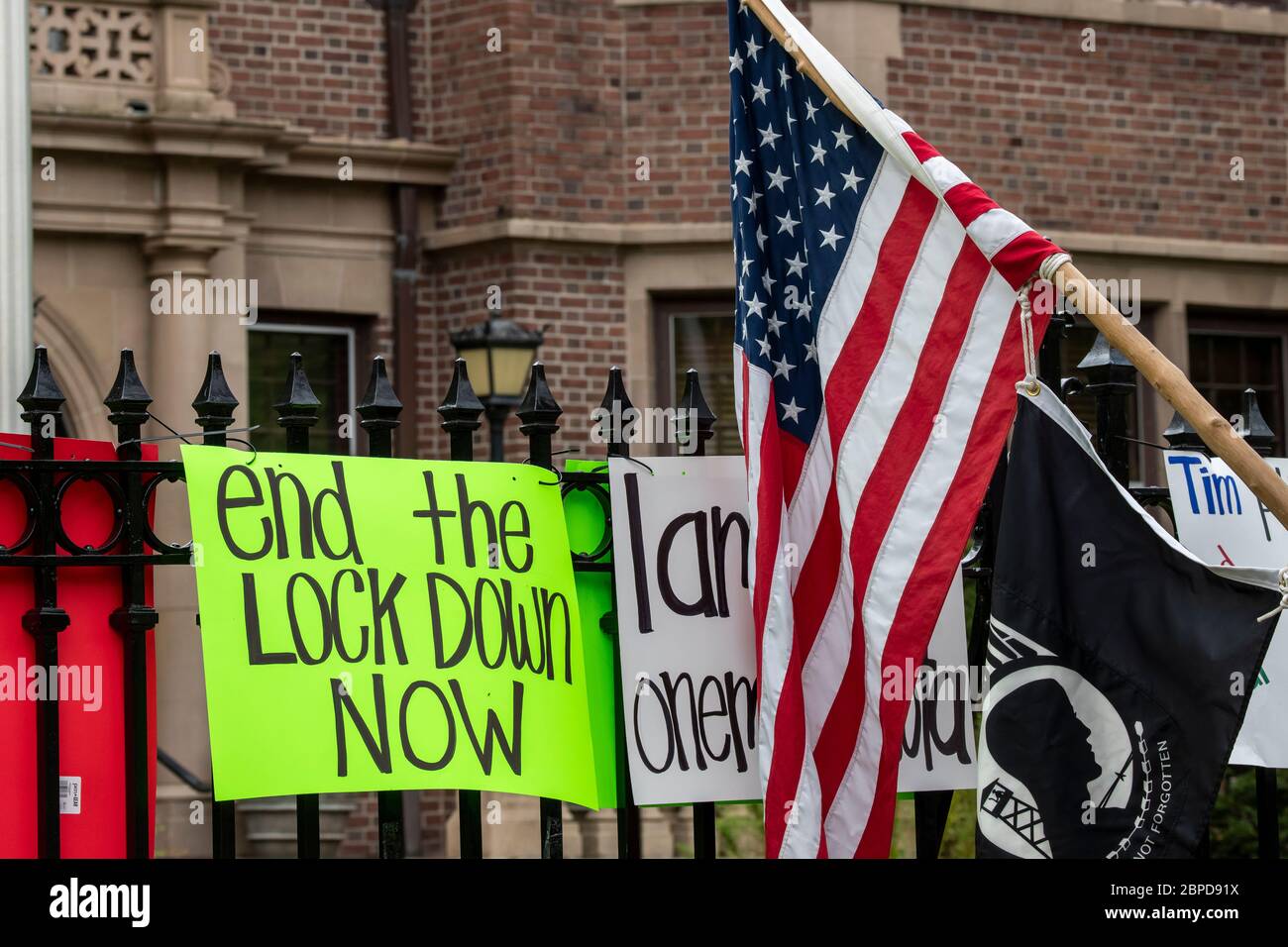 St. Paul, Minnesota. Protest at Governor Tim Walz's mansion to reopen ...