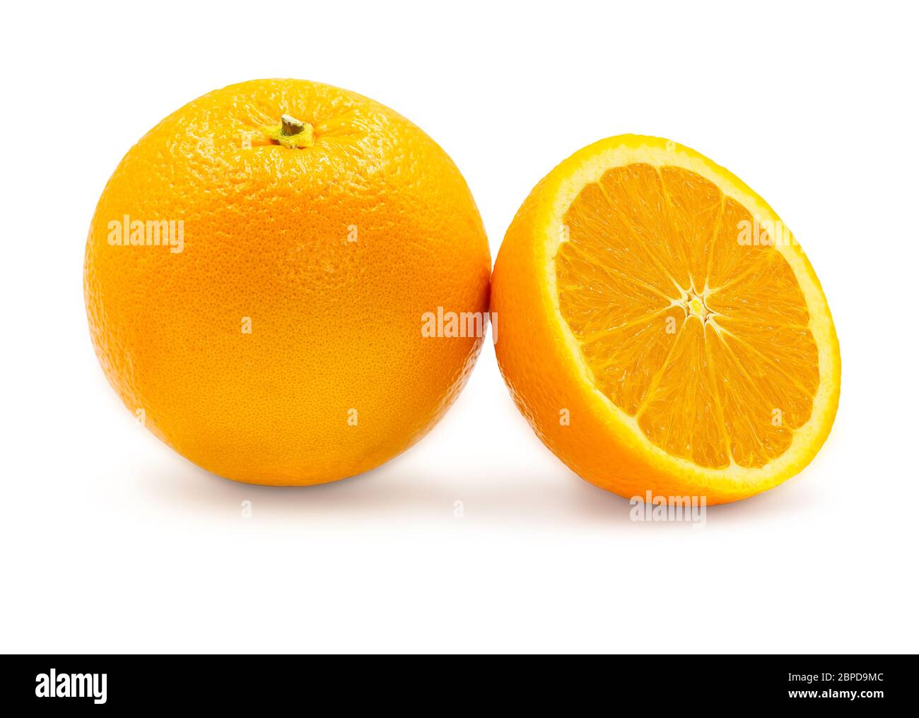 Whole and cross section cut of fresh organic navel orange in perfect ...