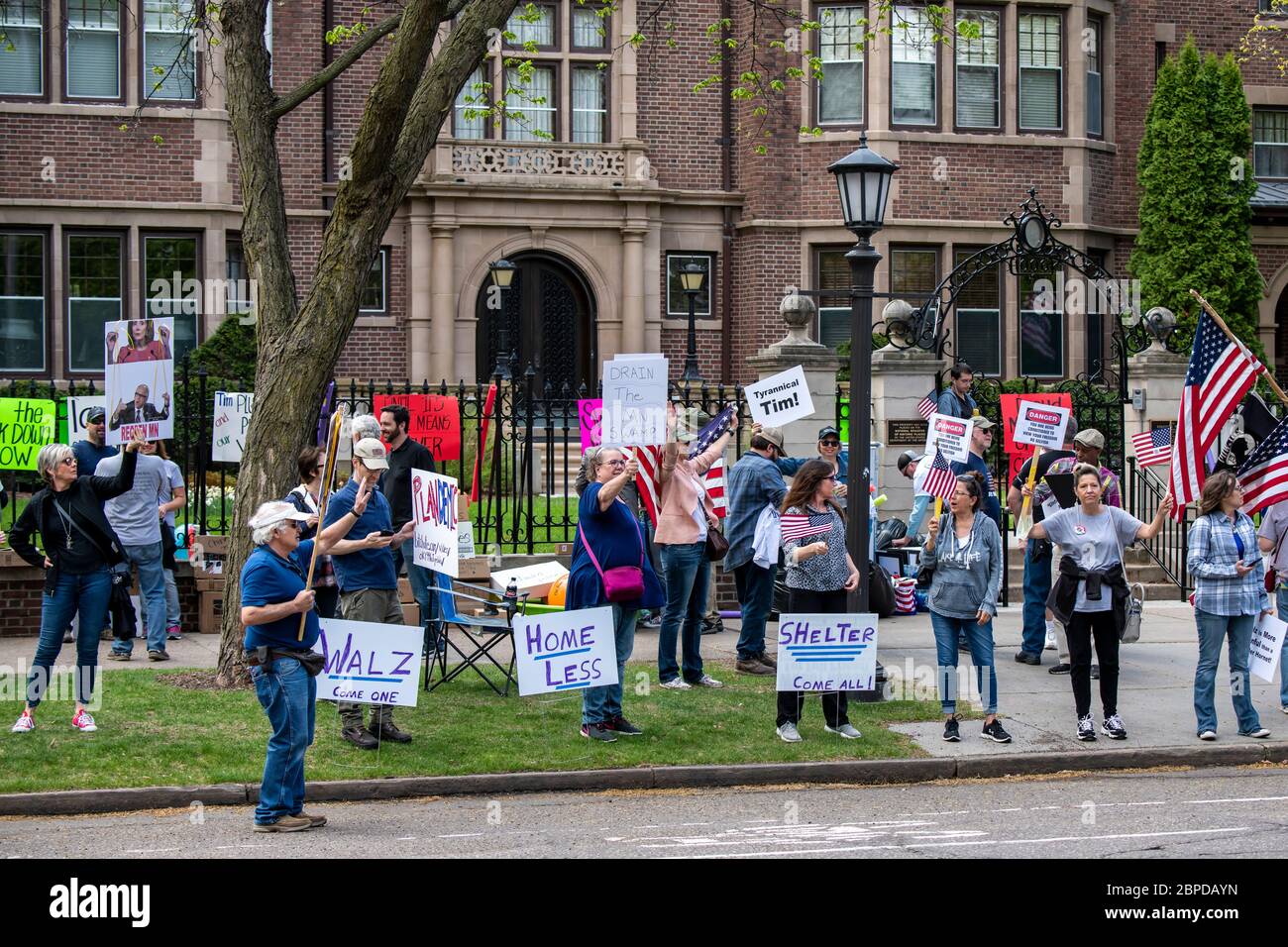 St. Paul, Minnesota. Protest at Governor Tim Walz's mansion to reopen ...