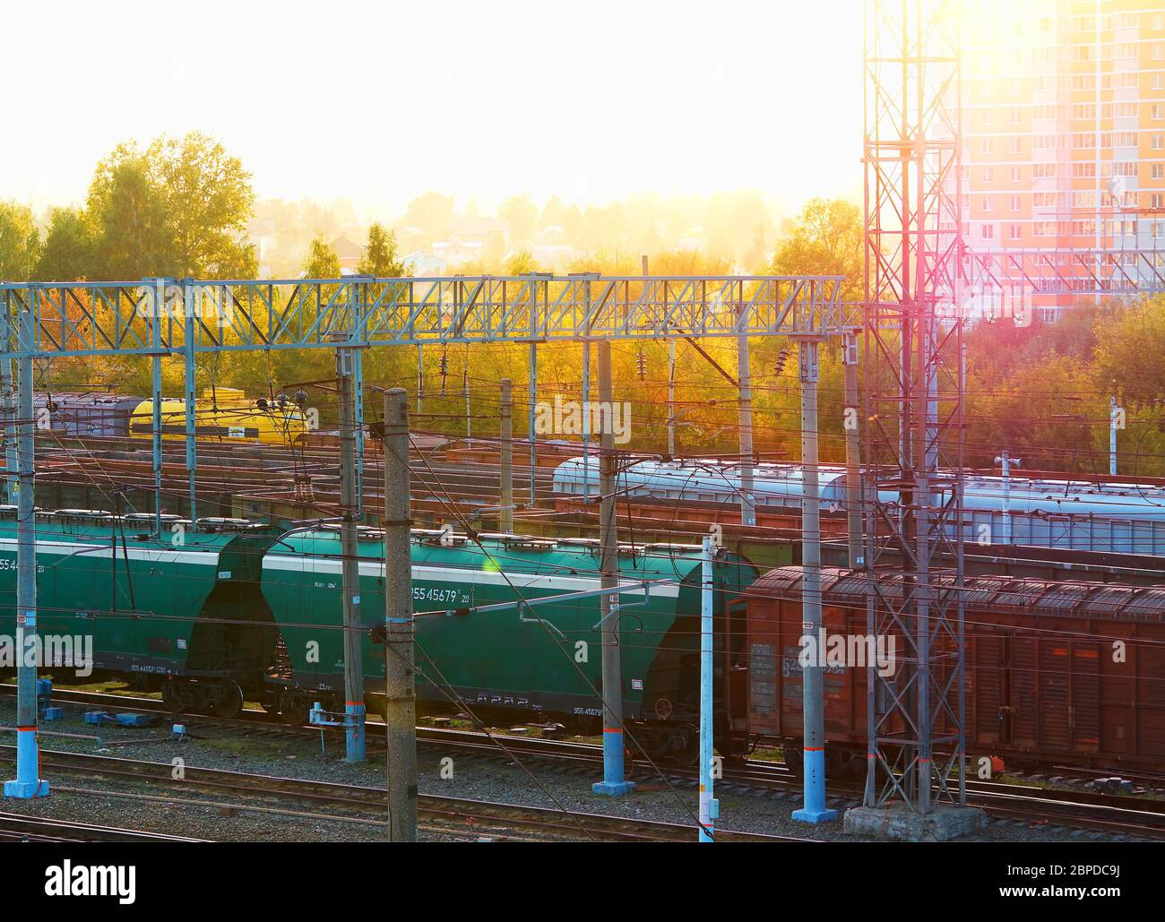 Dramatic sunset on the train station transportation background Stock ...