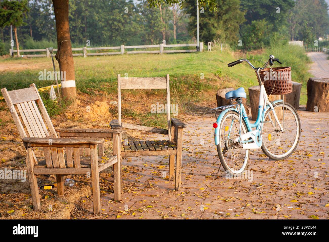 Classic vintage retro bicycle stop on street of park outdoor at ...