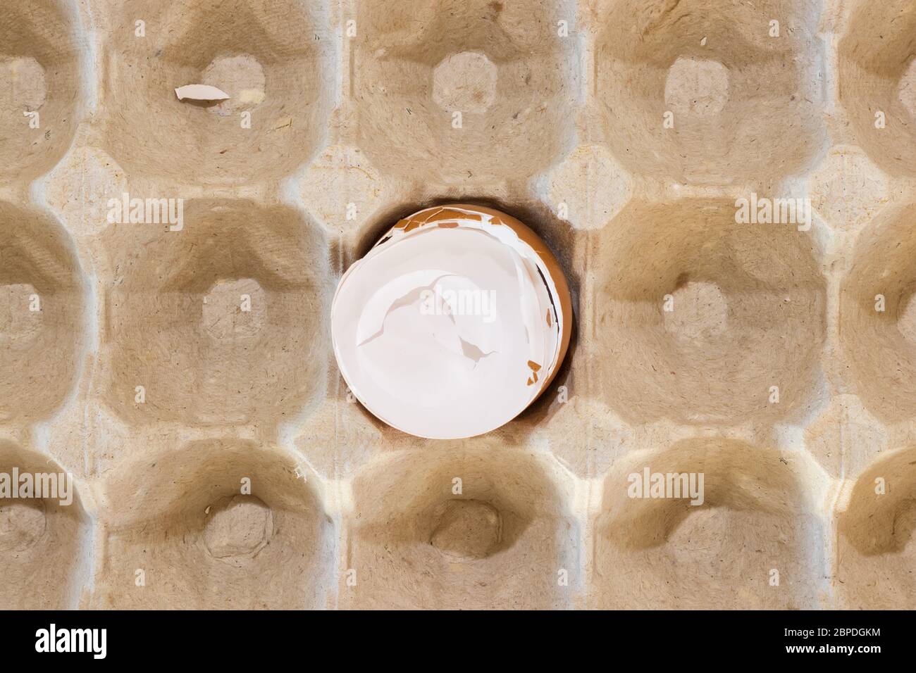 Flat view of a box with broken eggshell brown chicken eggs, background ...
