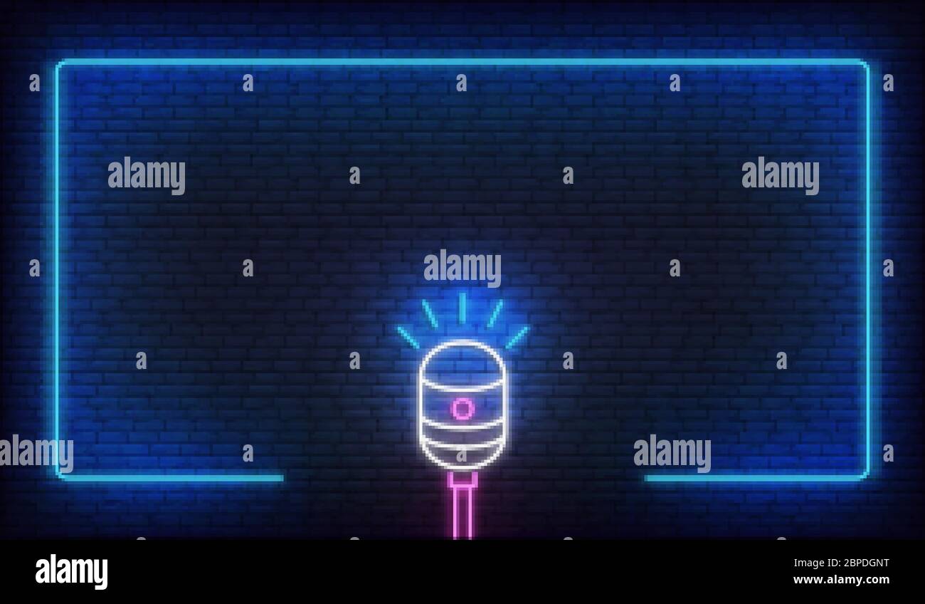 Neon microphone and border frame. Template for podcast, live music ...