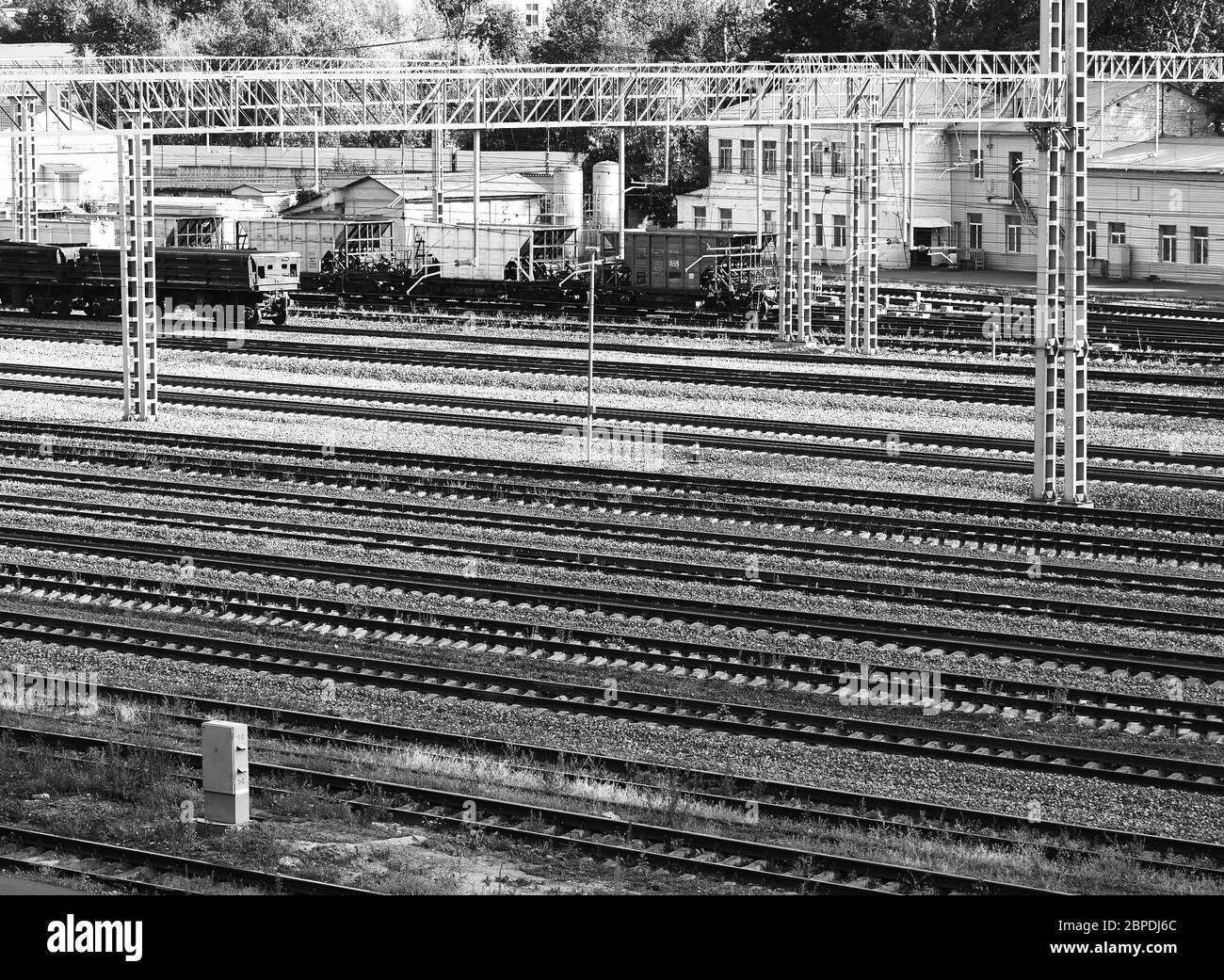 Diagonal black and white railroad tracks transportation background ...