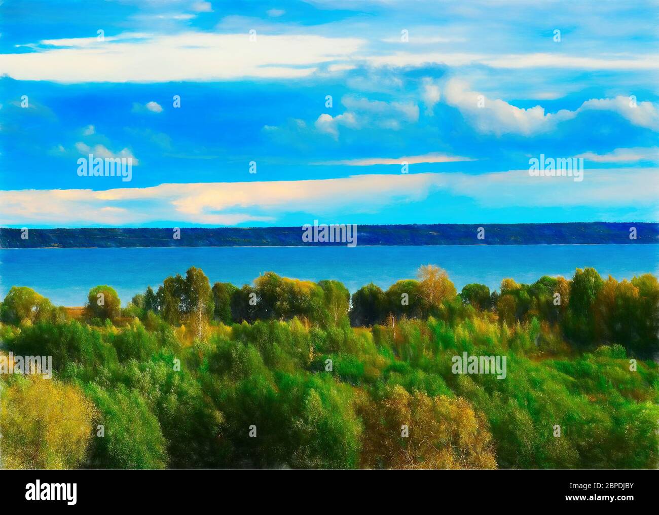 Vast river surrounded by forests landscape illustration Stock Photo - Alamy