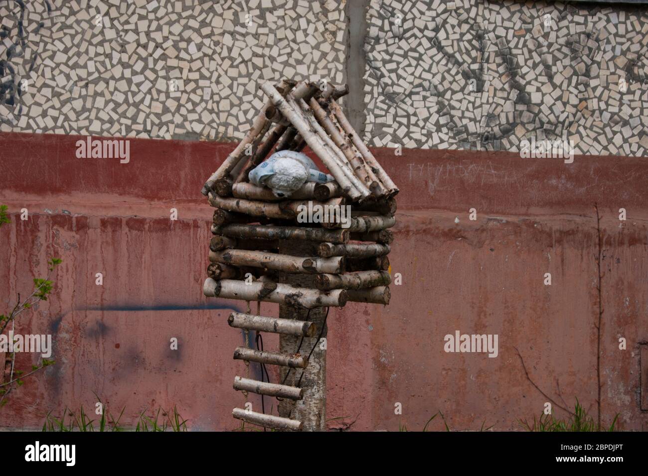 Decor of the garden in the courtyard of an apartment building in a ...
