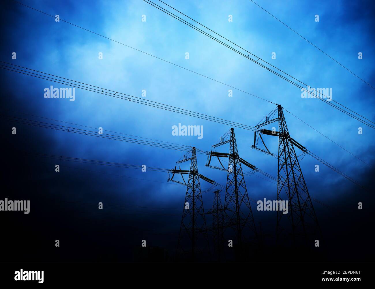 Dark industrial power lines background Stock Photo - Alamy