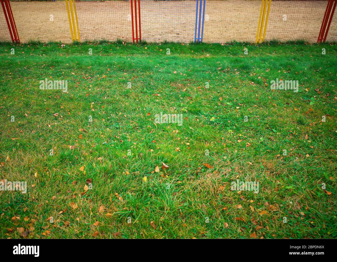 Autumn lawn with colorful fence background Stock Photo - Alamy