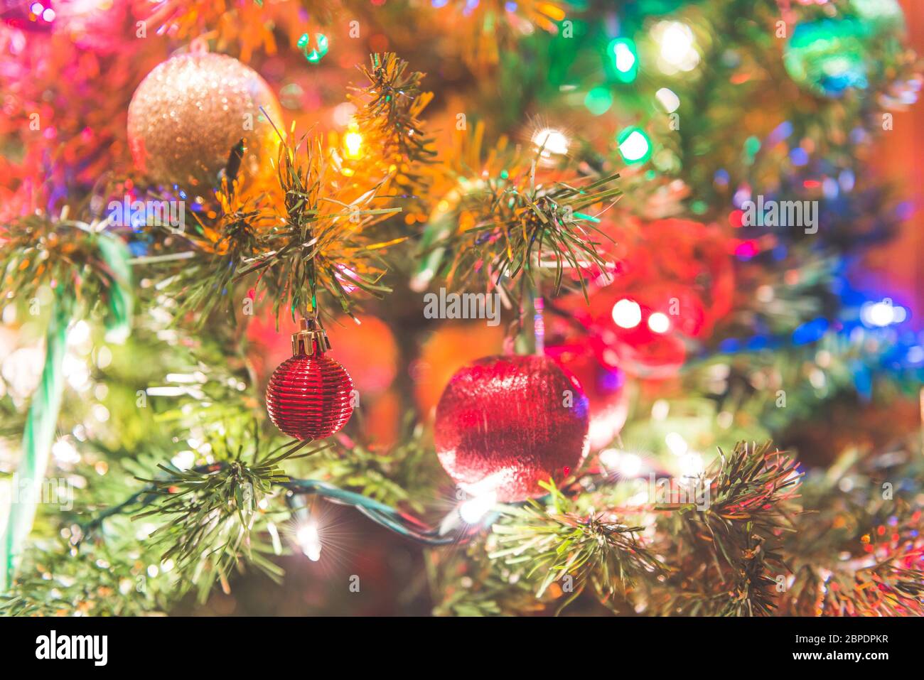 Christmas tree with many ornaments with led lighting bulb Stock Photo ...