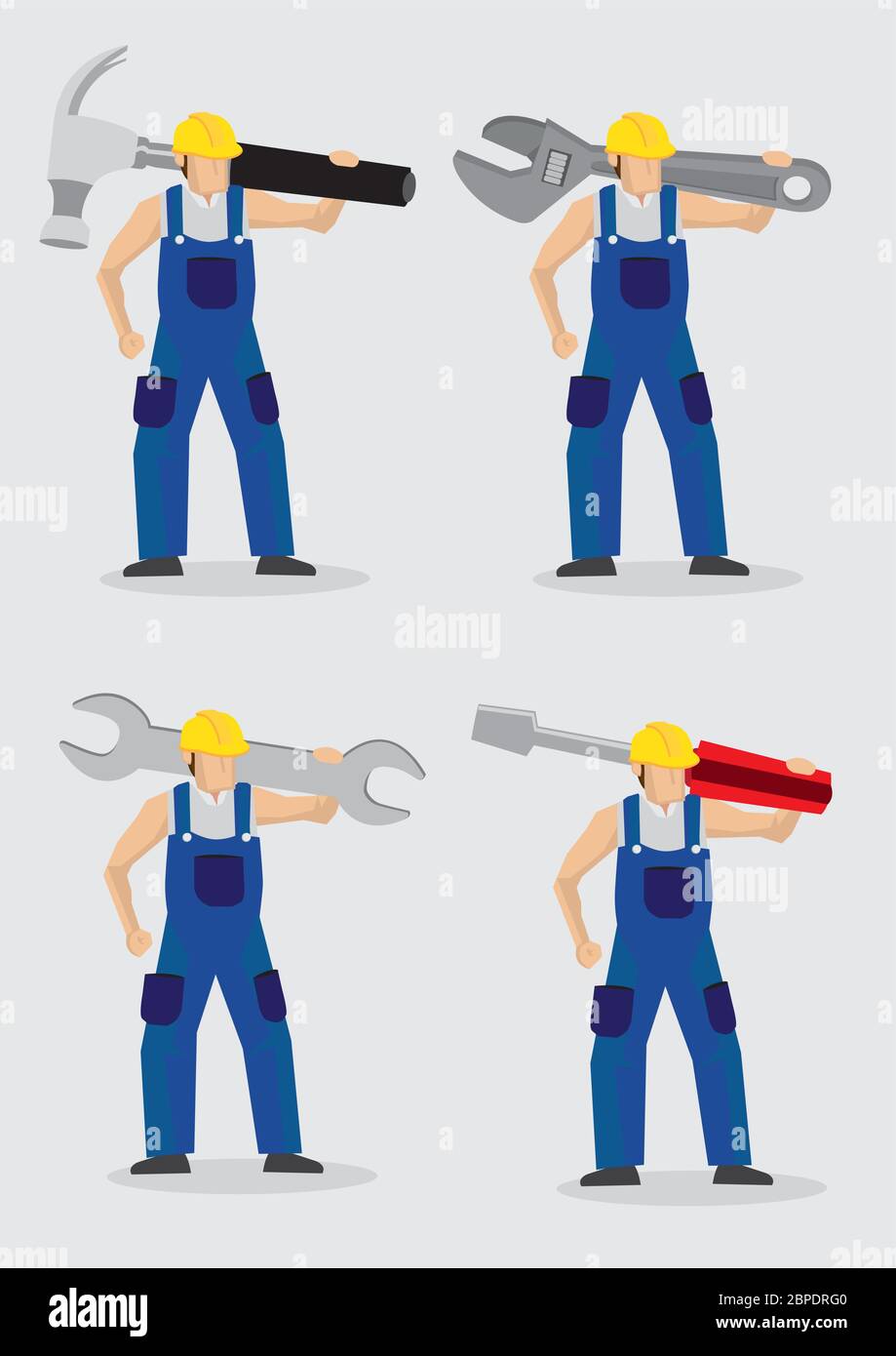 Set of four vector illustration of cartoon construction worker ...