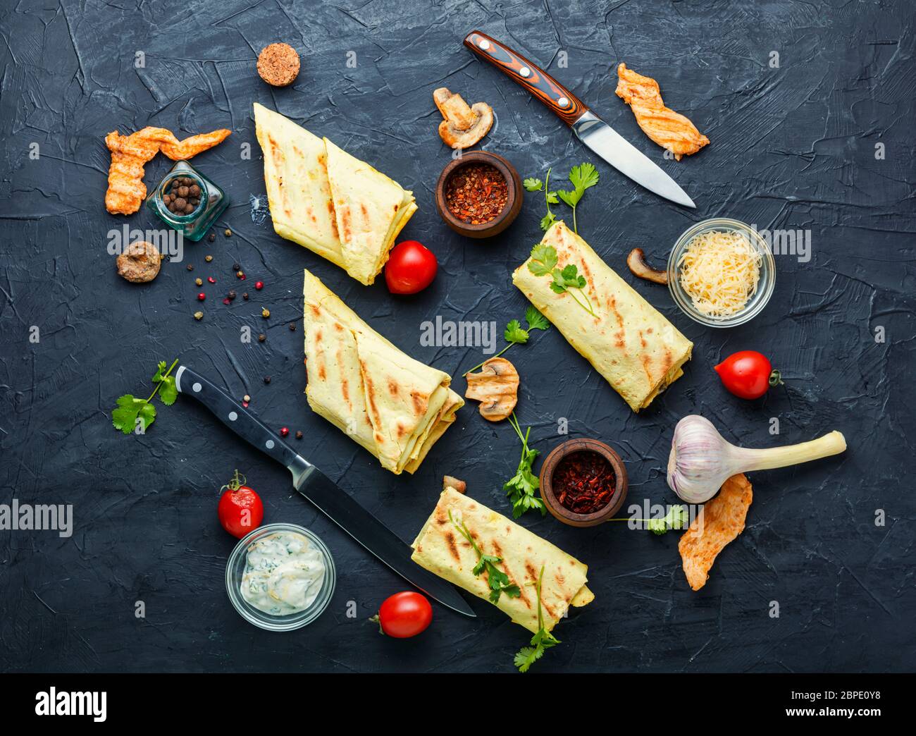 Arabian shawarma with chicken,cheese and mushrooms.Fast food Stock ...
