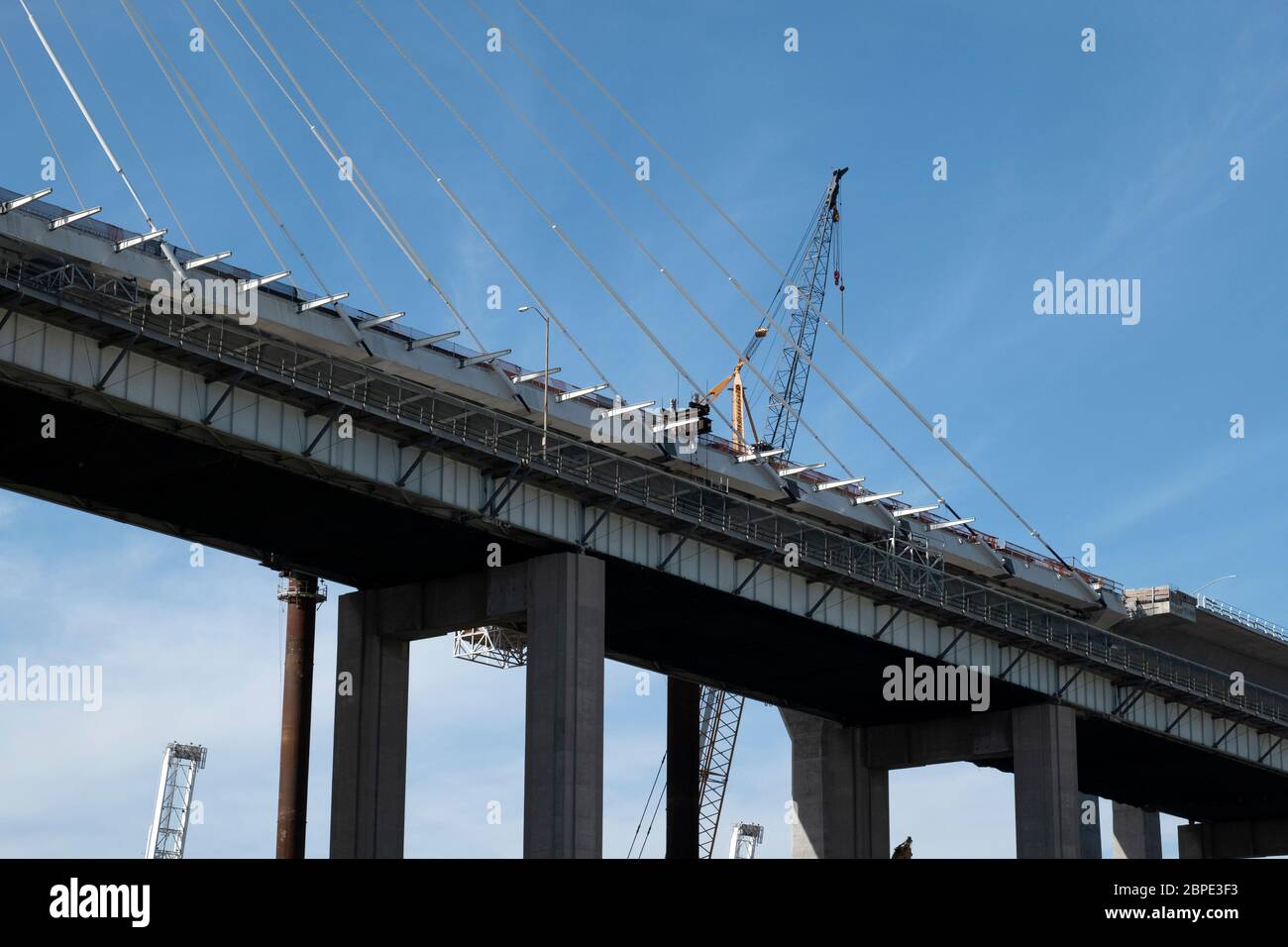 Close up of a modern bridge construction project in a harbor Stock ...