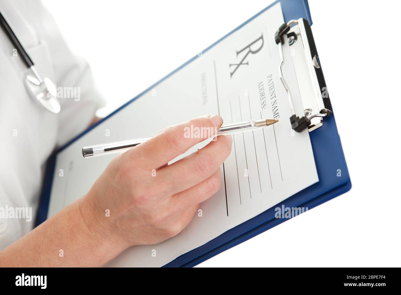 Cheerful medical doctor woman filling out prescription. Isolated on ...
