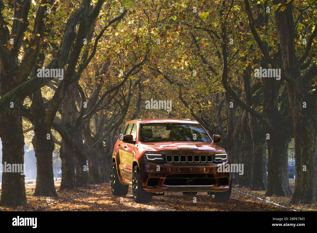 Jeep Grand Cherokee Trackhawk in a row of plane trees Stock Photo - Alamy