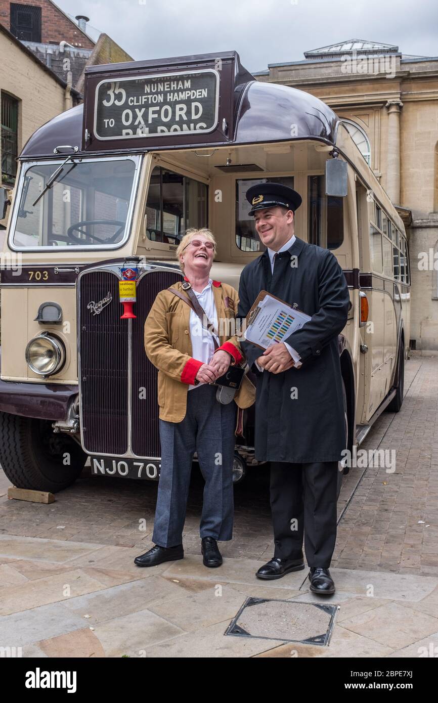 Historic bus with staff and conductor. A 1949 AEC Regal III, with Willowbrook bodywork. Part of ...