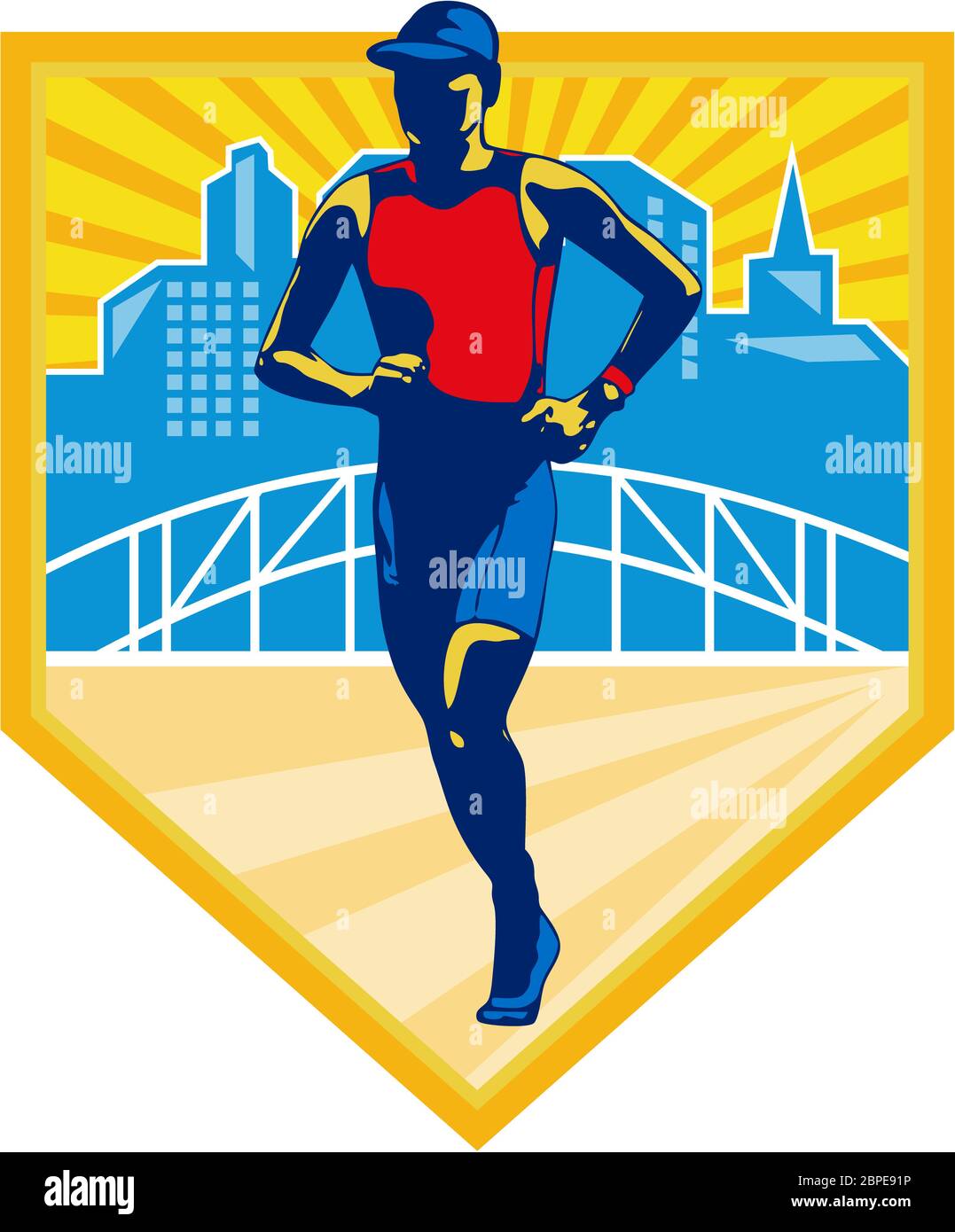 Illustration of marathon triathlete runner running with urban buildings ...