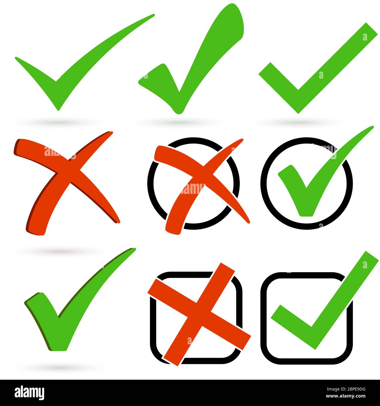 Collection of red cross and green hook Stock Photo - Alamy