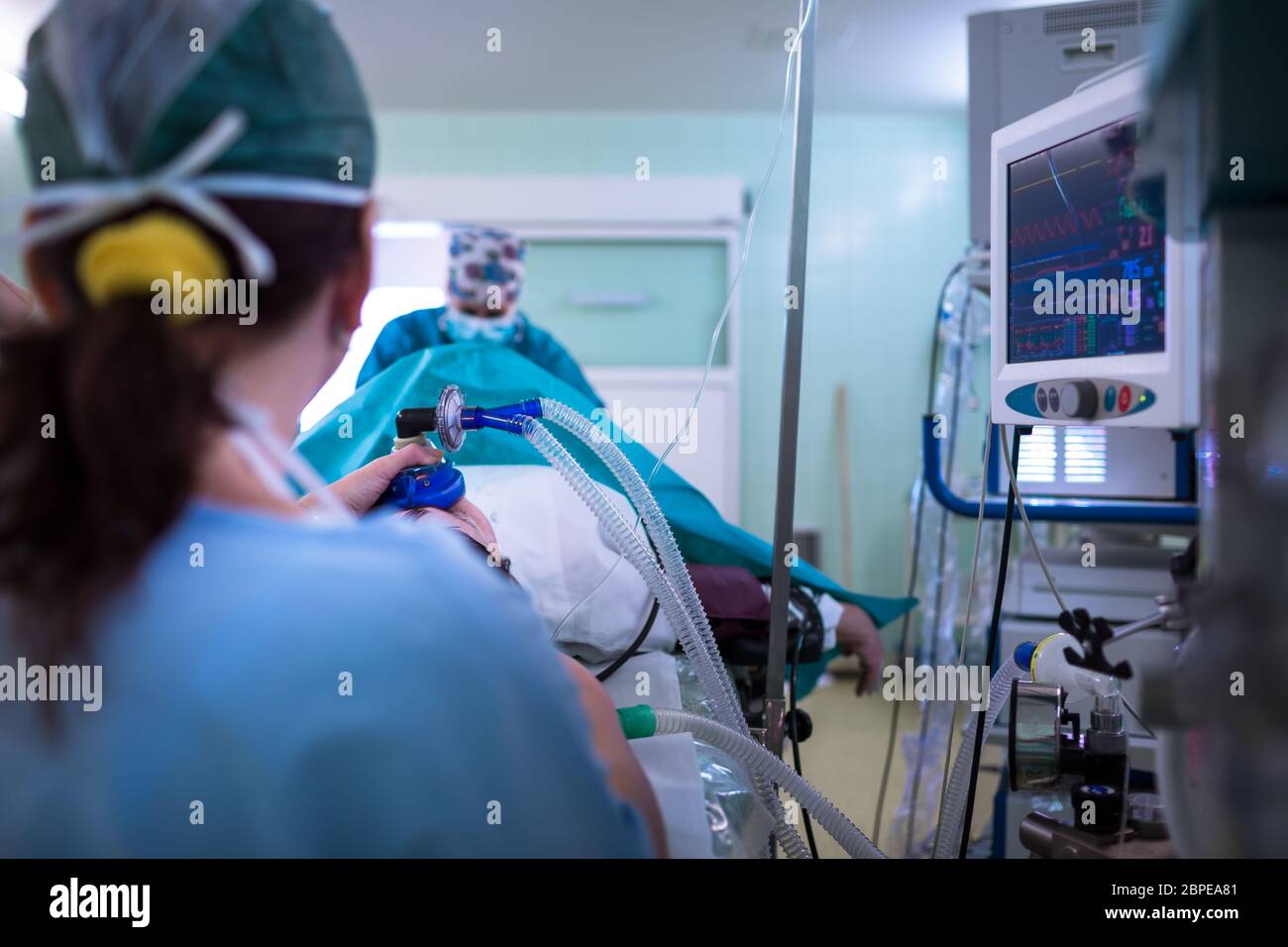 Anesthesia - patient under narcosis, breathing through a mask during ...