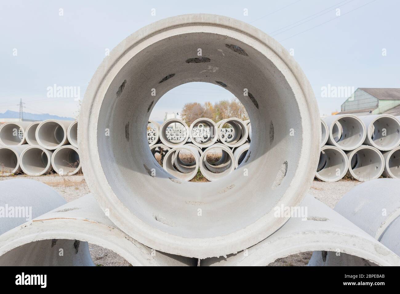 Concrete drainage pipes for industrial building construction Stock ...