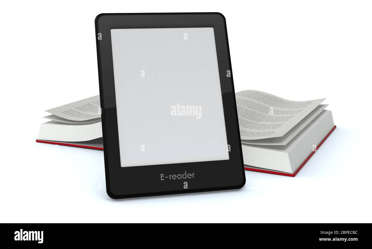 ebook reader with blank screen and an open book on background (3d ...