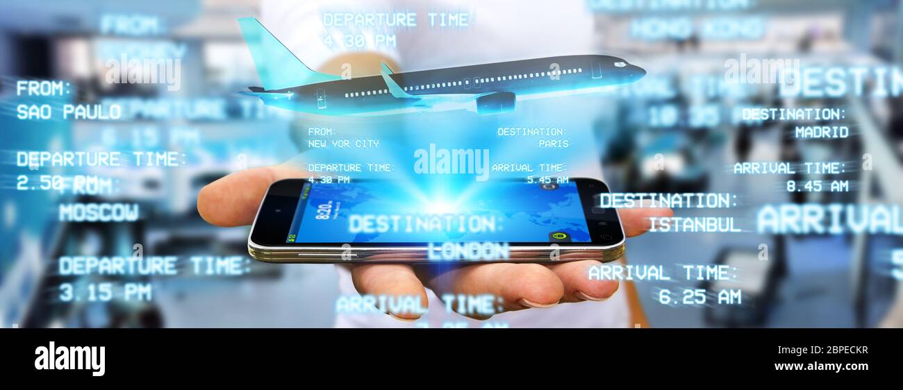 Businessman using modern mobile phone to book a flight Stock Photo - Alamy