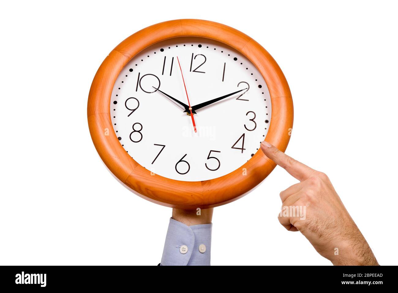 man hand pointing to a clock isolated in white background Stock Photo ...