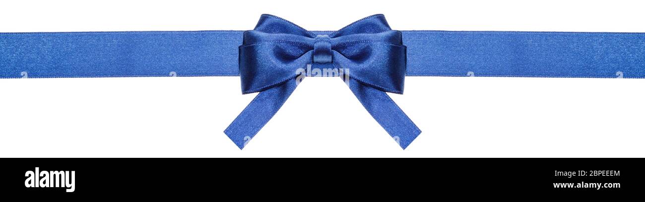 narrow blue satin ribbon with symmetric bow with square cut ends ...