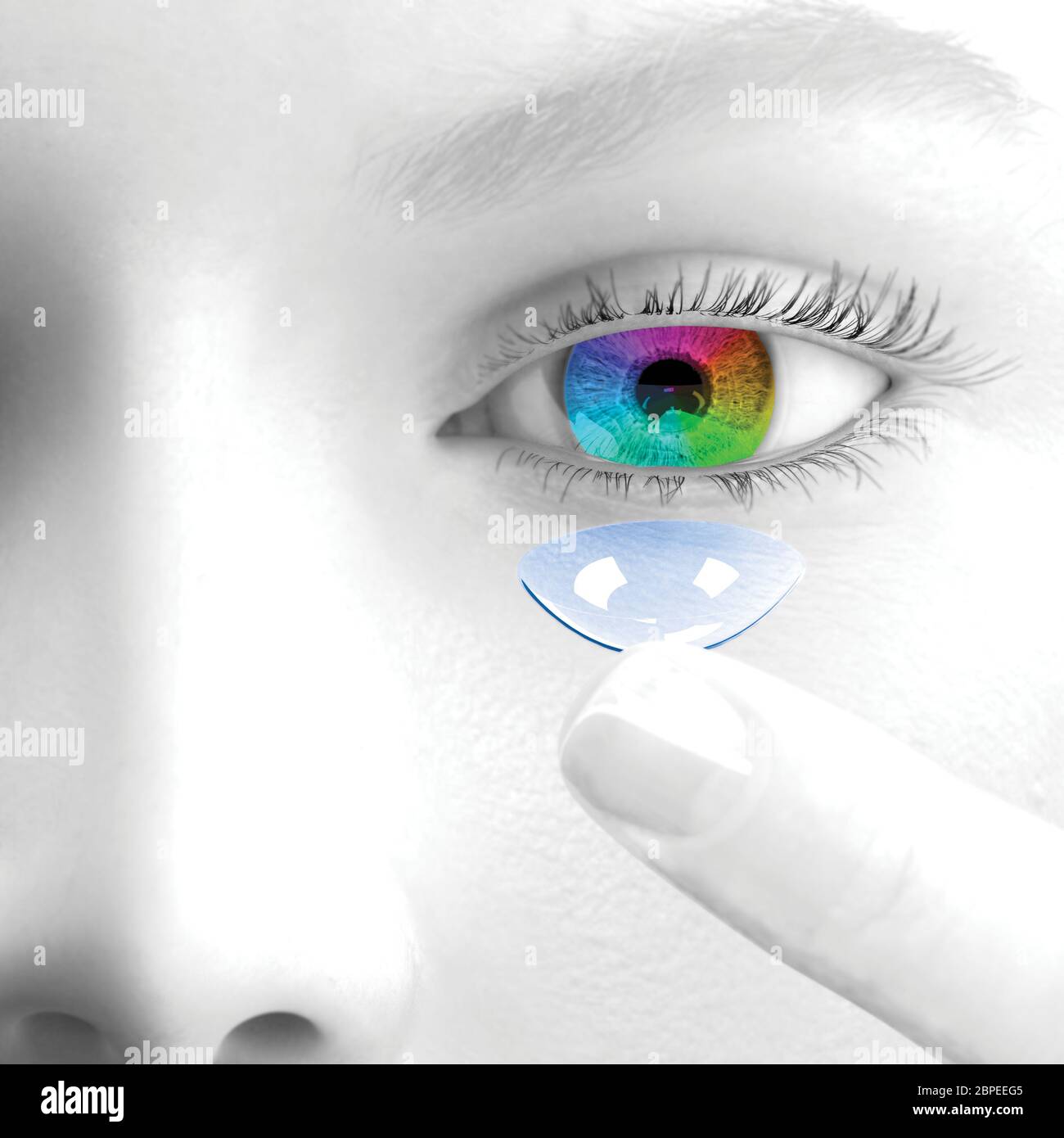 A woman puts a contact lenses. 3d render. Face is greyscale. The iris ...