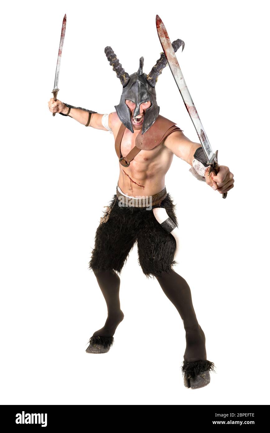 Faun warrior with swords and blood isolated in white Stock Photo - Alamy