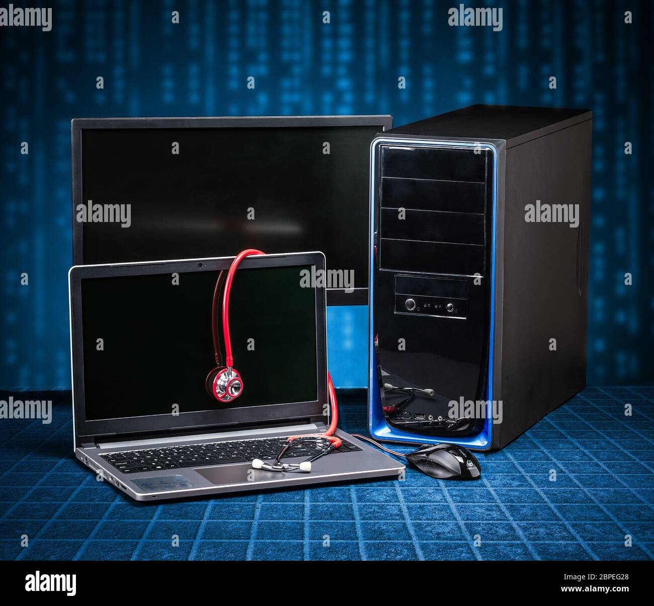 Laptop and computer service concept with stethoscope Stock Photo - Alamy