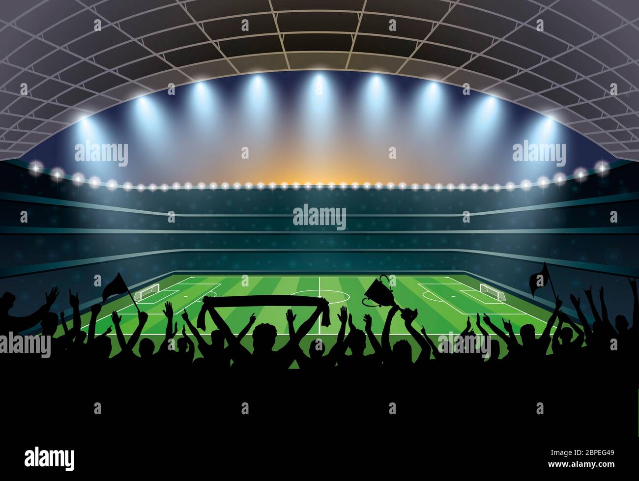 Excited crowd of people at a soccer stadium. Football stadium. Soccer ...