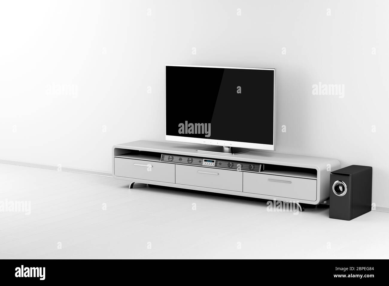 Flat screen tv with audio system on tv stand Stock Photo - Alamy