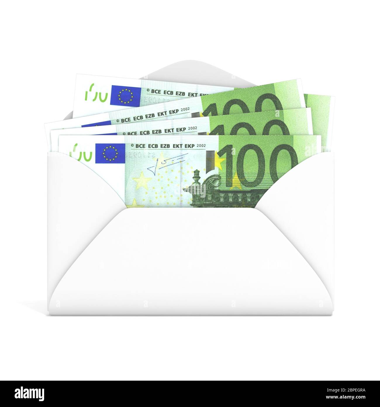 Euros in envelope. Front view. 3D render illustration isolated on white ...
