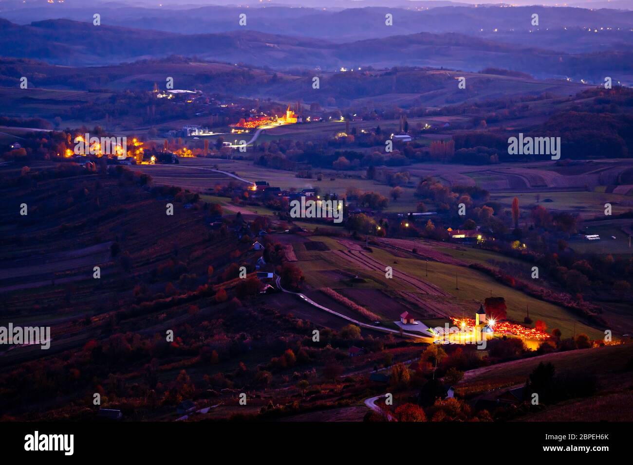 Evening view of villages and landscape of Prigorje region of Croatia ...