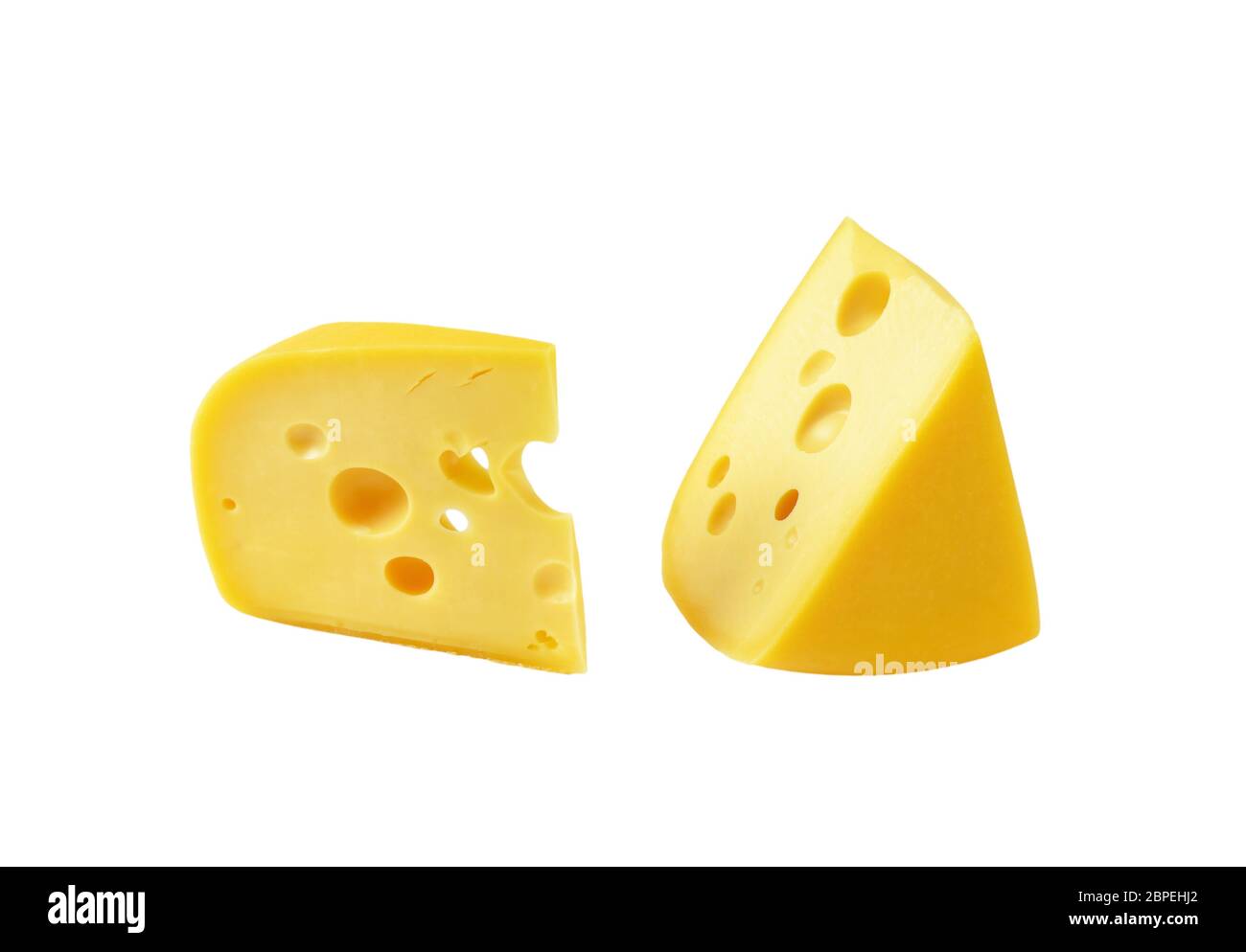two wedges of Swiss cheese on white background Stock Photo - Alamy