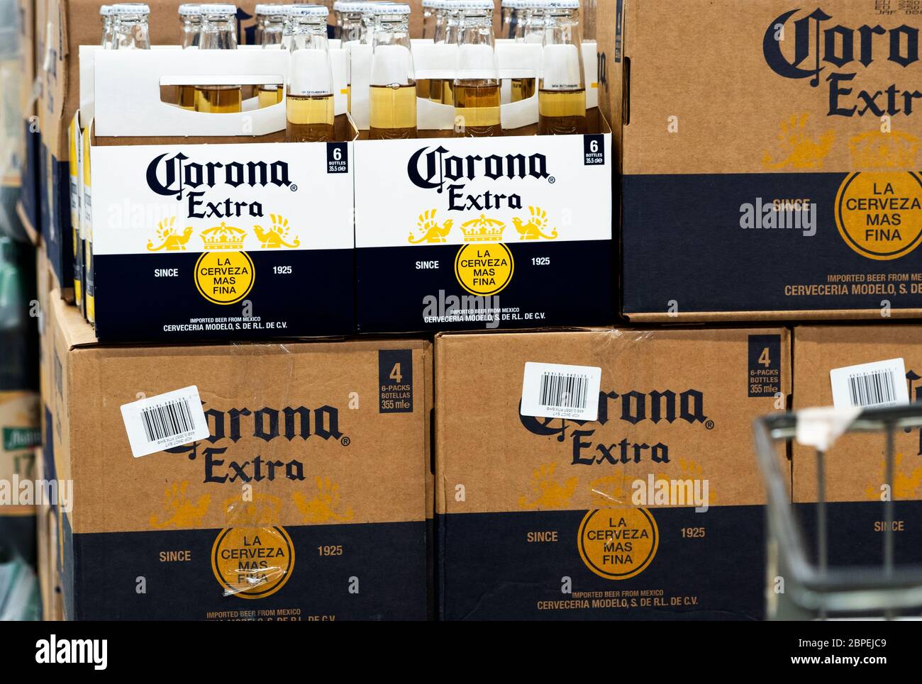 Boxes and Bottles with Mexican Light Beer Corona in the store Stock ...