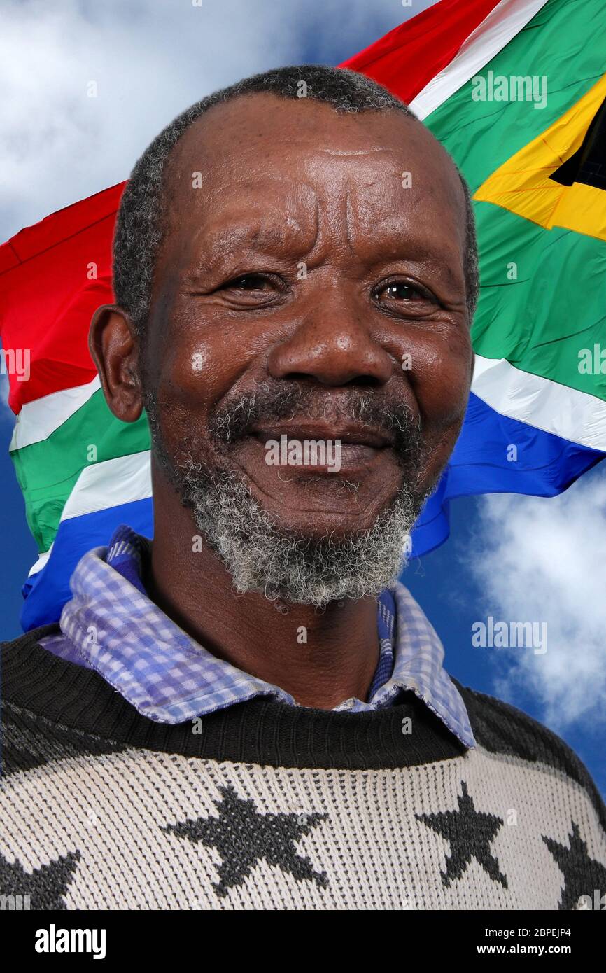 Portrait of a happy African man against the South African flag Stock ...
