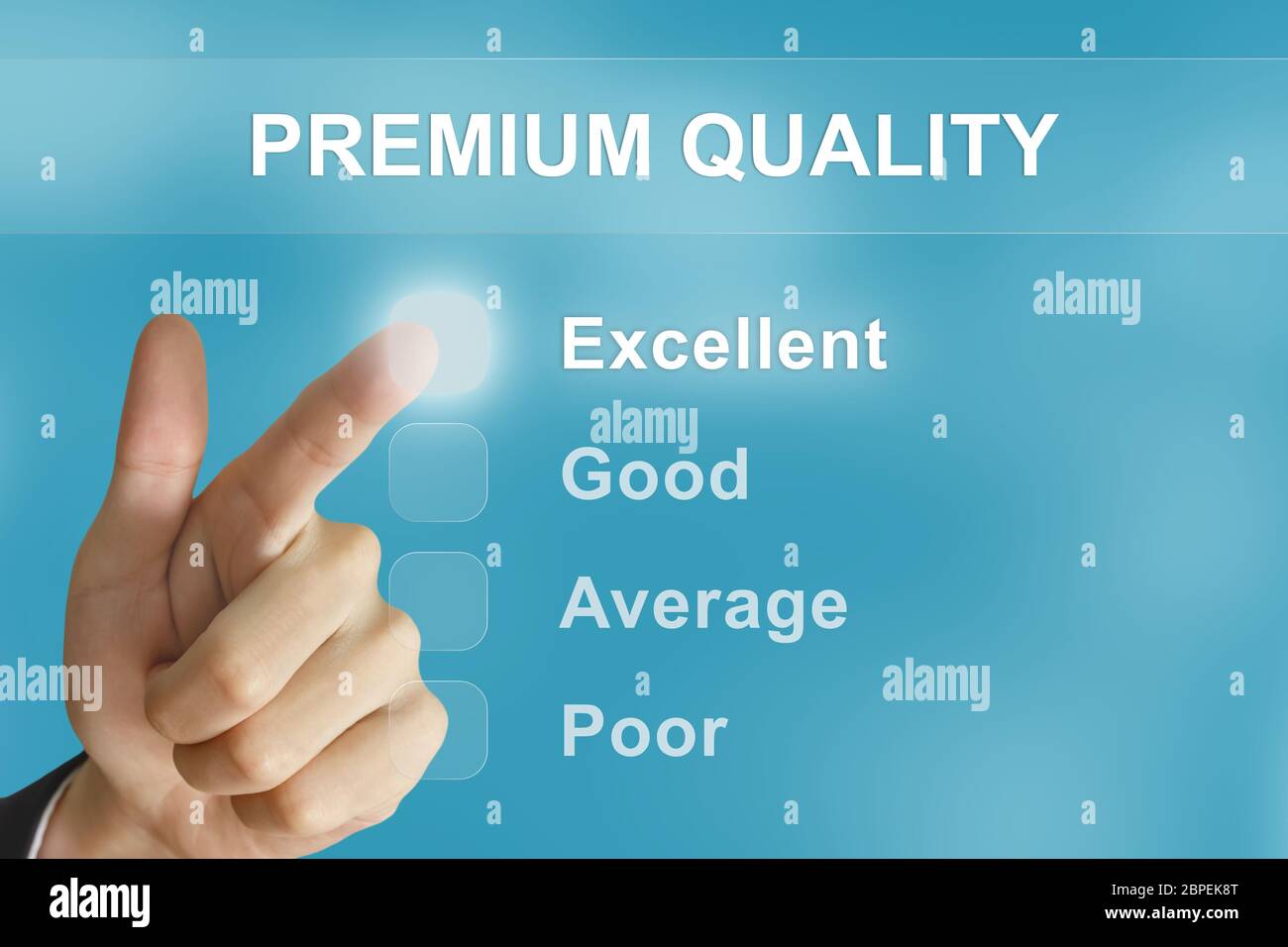 business hand clicking premium quality button on screen Stock Photo - Alamy