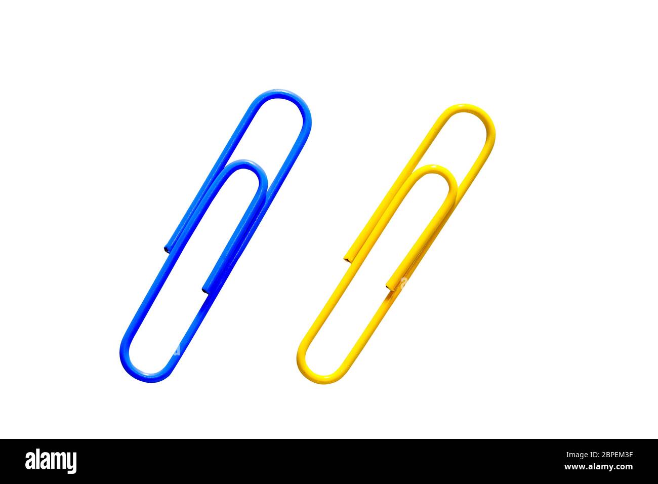 Blue and yellow paper clips, A tool used for office, isolated on white ...