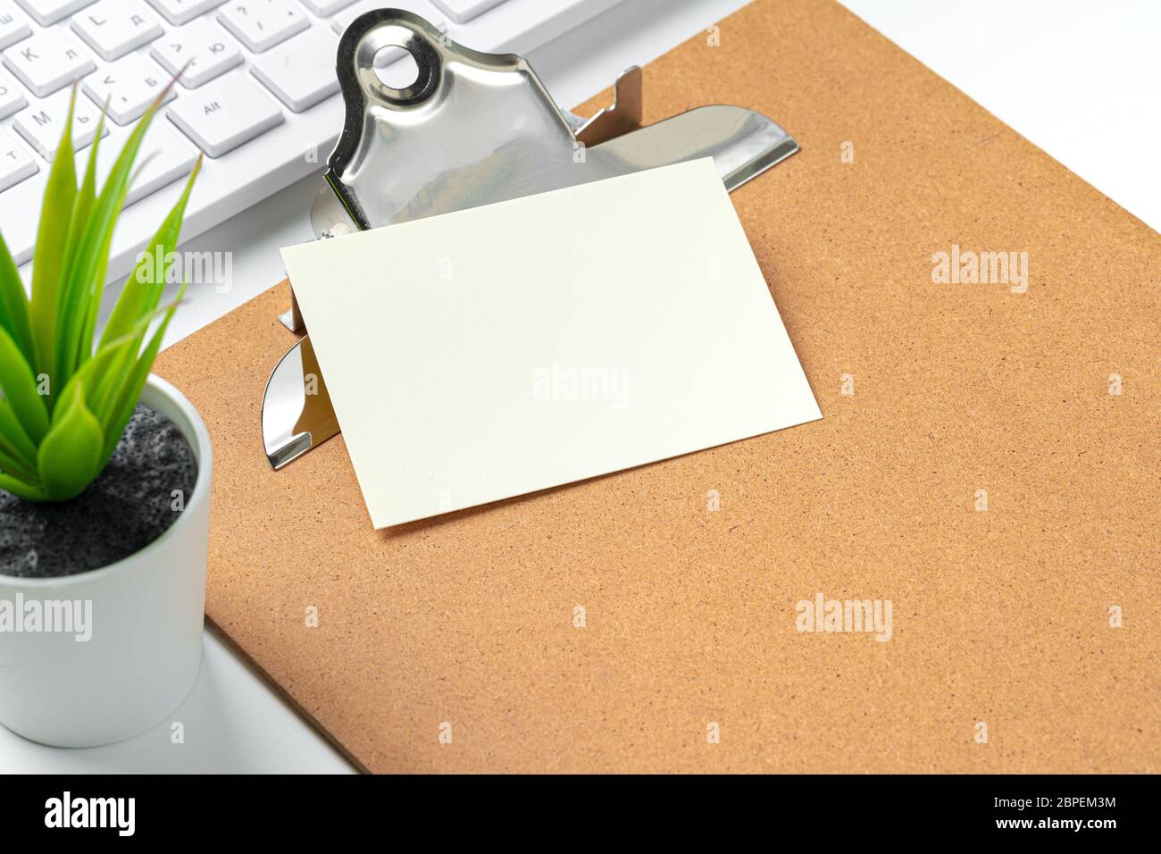 Blank business cards with supplies and keyboard on office table Stock ...
