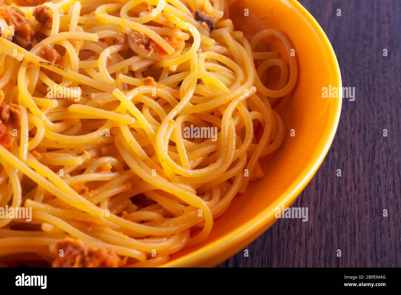 Spaghetti with tuna in close up, horizontal image Stock Photo - Alamy