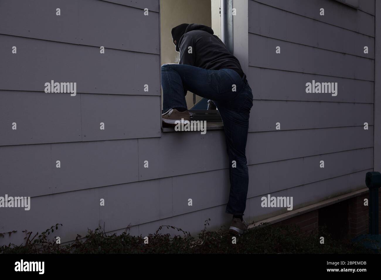 Rear View Of A Burglar Entering In A House Through A Window Stock Photo ...